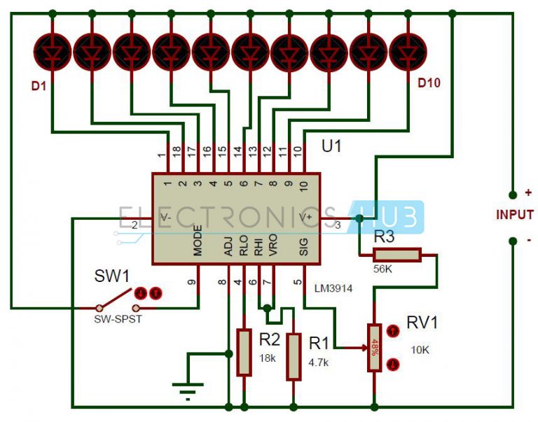 Battery Level Indicator Circuit Principle, Example, Diagram